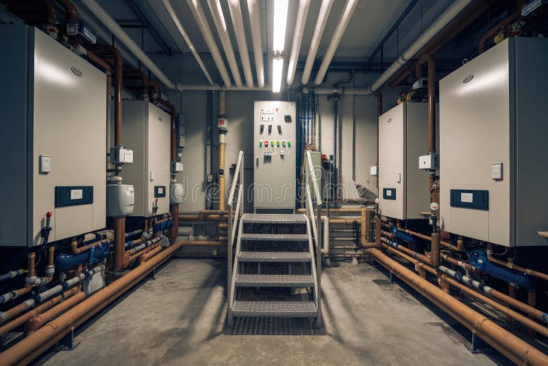 Industrial Heating System with Control Panel and Pipes in Boiler Room ...