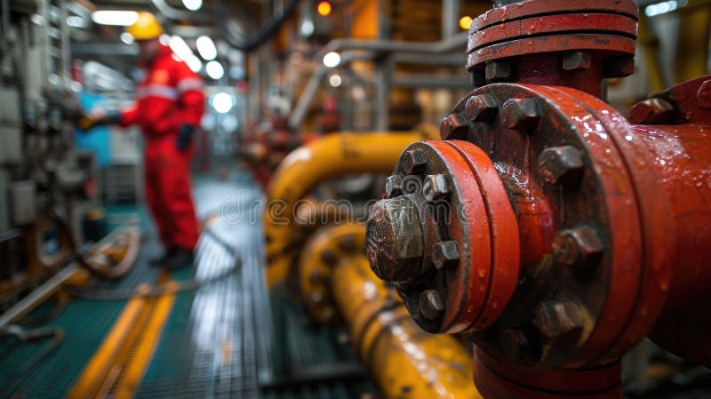 A Complex Network of Pipes and Valves on an Oil Rig, with a Worker in ...