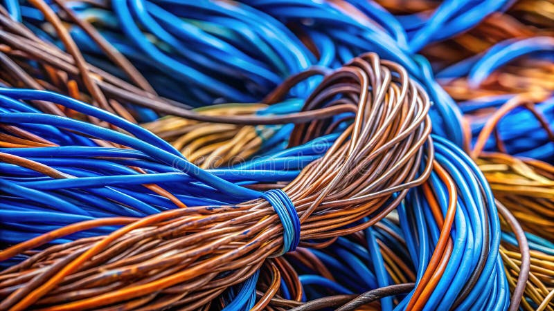 A Complex Network of Tangled Blue and Brown Electrical Wires a CloseUp ...