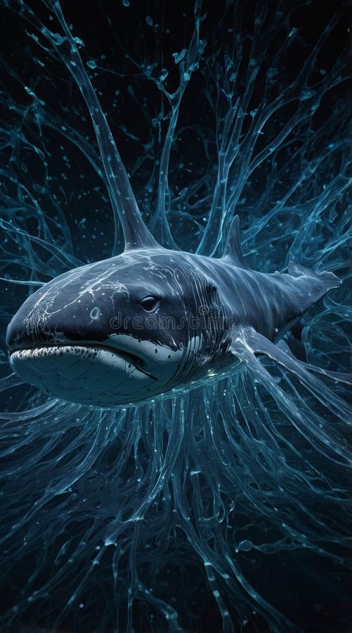 Futuristic Liquid Mercury Ocean With Neural Networks Data Whales And