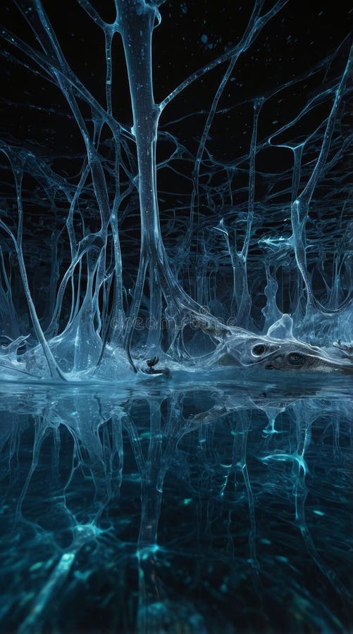 Futuristic Liquid Mercury Ocean With Neural Networks Data Whales And