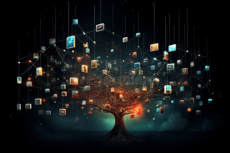 Complex Network Tree Structure with Glowing Image Nodes in Dark ...