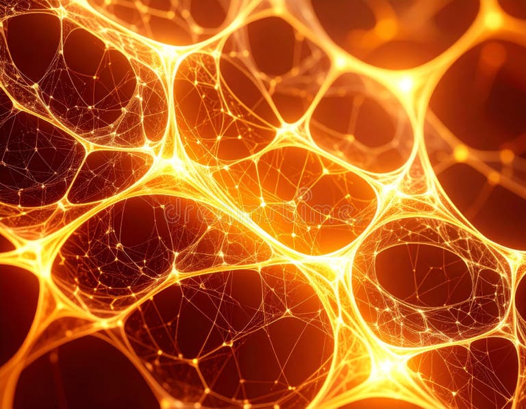 Complex Neural Network of Interconnected Nodes with Glowing Golden ...