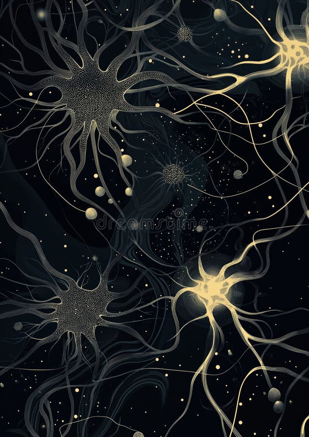 Complex Neuron Structure with Golden Highlights on Dark Background ...