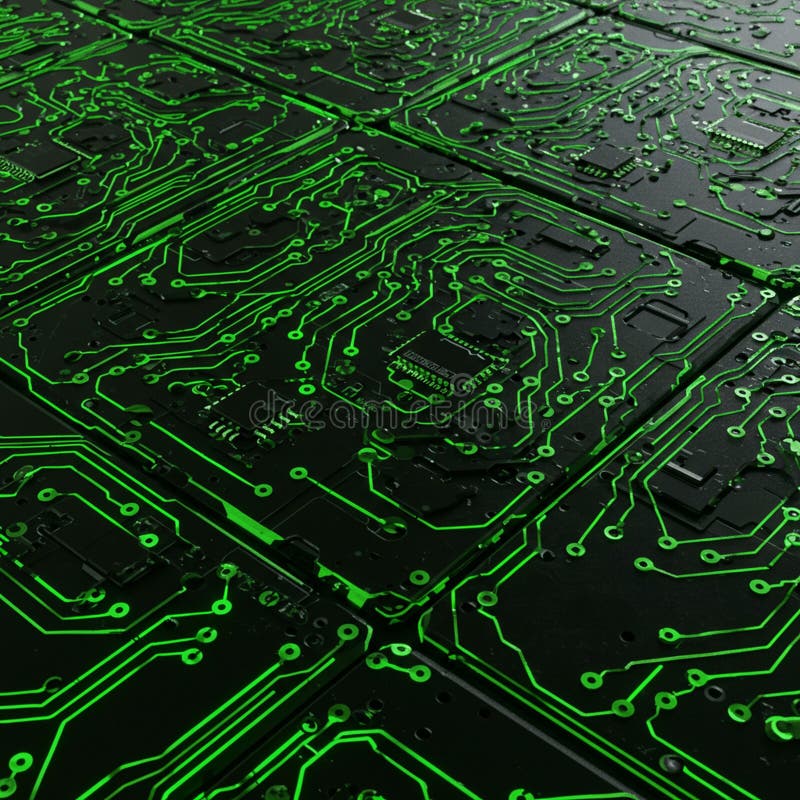 A Complex Pattern of Fluorescent Green Circuitry is Printed on a Black ...