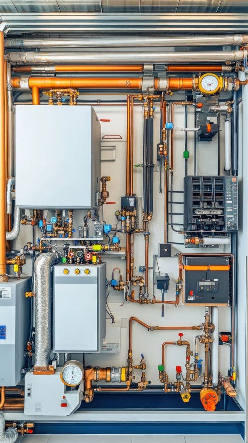 Complex Plumbing System with Copper Pipes and Control Units Displaying ...