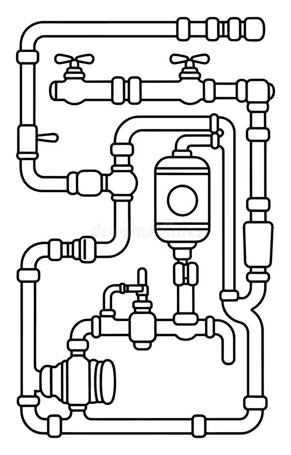 Complex Plumbing System: Line Art Diagram, Technical, Clean Style Stock ...