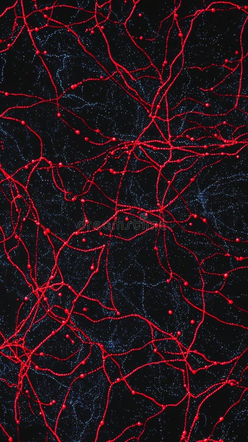 Complex Red Neural Network is Spreading on a Dark Background with Blue ...