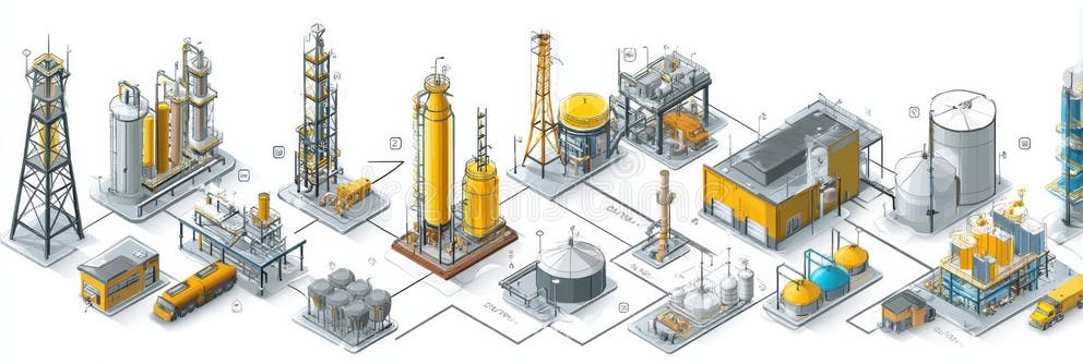 Detailed Isometric Illustration of Refinery Infrastructure Showcasing ...