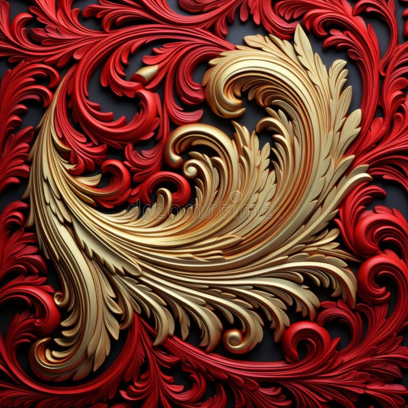 Complex Relief Artwork, Detailed 3d Design with Metallic Gold and Red ...
