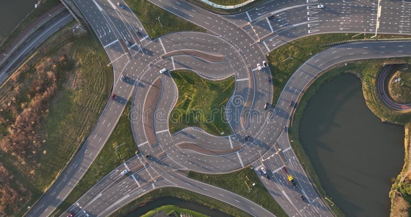 Complex Road Intersection Junction. Three Lane Roundabout Stock Footage ...