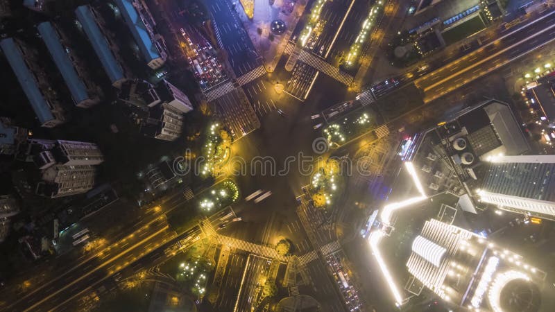 Complex Road Intersection in Shanghai, China at Night. Aerial Vertical ...