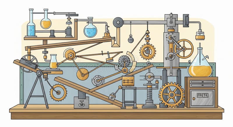 Complex Rube Goldberg Machine with Flasks, Gears, Levers, and Pulleys ...