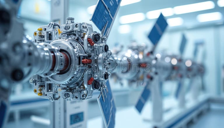 Complex Satellite Module Assembly in High-tech Facility. Precision ...