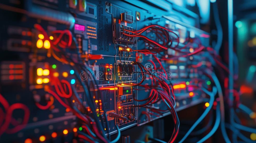 Complex Server Rack Circuit Board with Glowing Components and Cables ...