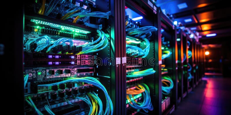 A Complex Set of Wires and Cables Converge in Data Center Where Server ...