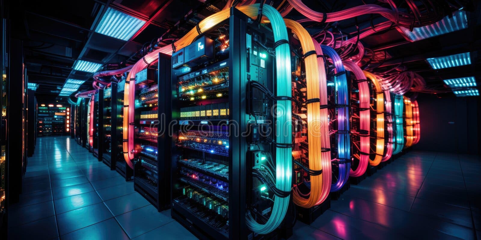 A Complex Set of Wires and Cables Converge in Data Center Where Server ...