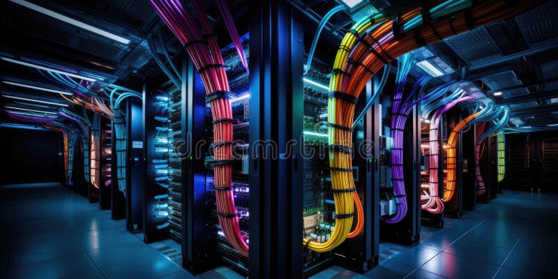 A Complex Set of Wires and Cables Converge in Data Center Where Server ...