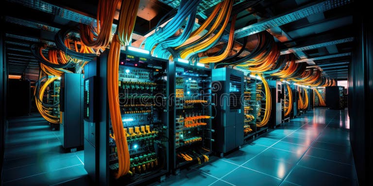 A Complex Set of Wires and Cables Converge in Data Center Where Server ...