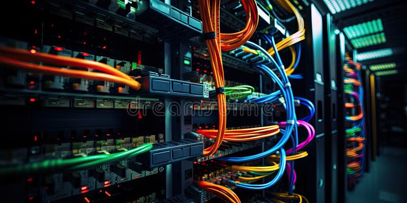 A Complex Set of Wires and Cables Converge in Data Center Where Server ...
