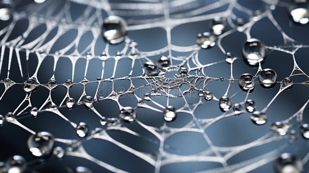 A Complex Spider Web, Its Strands Adorned with Dewdrops Reflecting ...