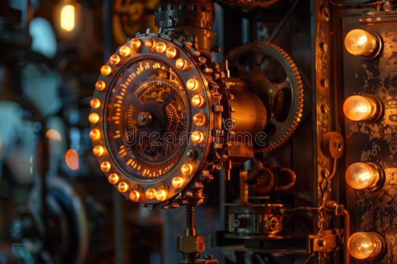 Complex Steampunk Machine Glowing with Orange Lights Stock Image ...