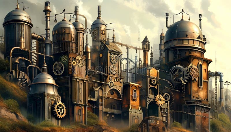 Intricate Steampunk Factory Nestled in a Vibrant Industrial Landscape ...