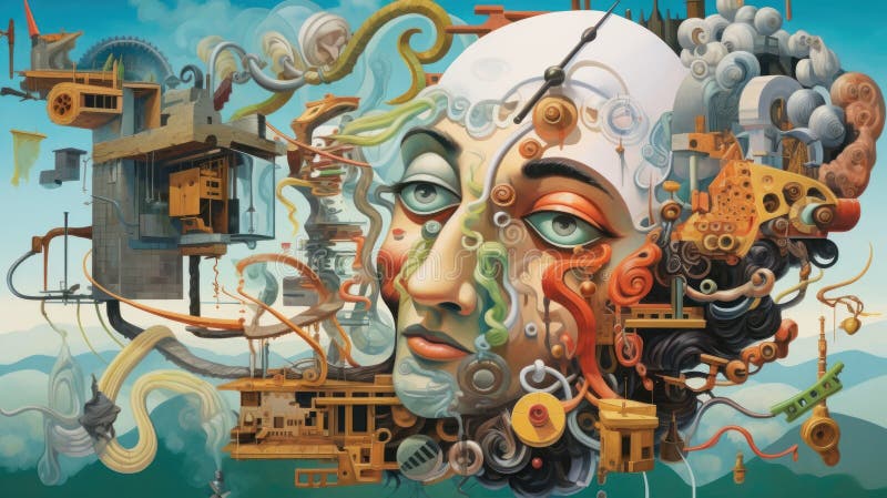 A Complex Surrealist Painting with Intertwined Faces and Objects. it ...