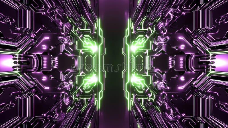 Complex Symmetrical Metallic Structure with Glowing Purple and Green ...
