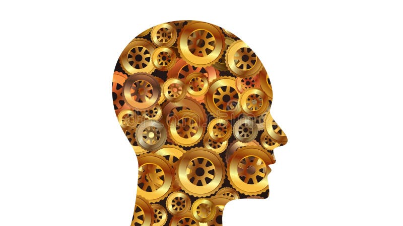 Complex Technology Thinking Machine Head with Golden Gears Cogs ...