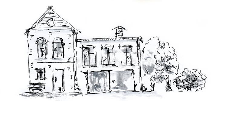 Complex of Two Buildings and Trees. Hand Drawn Chinese Ink Sketch on ...