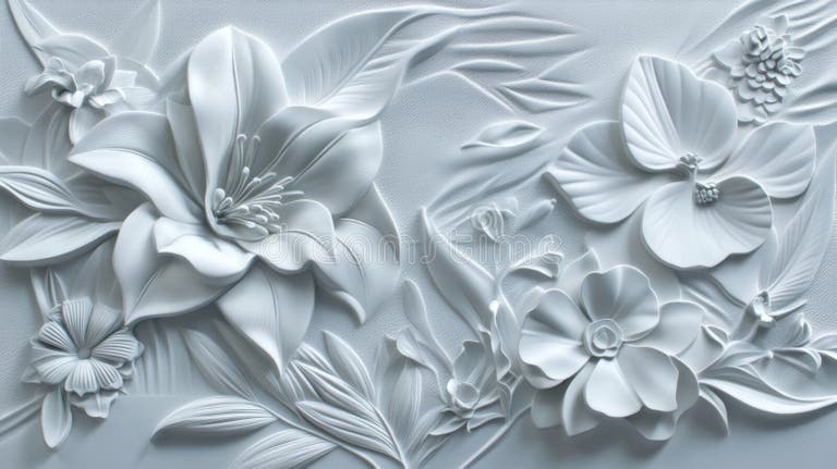 A Complex White Floral Bas-Relief Featuring a Geometric Pattern of ...
