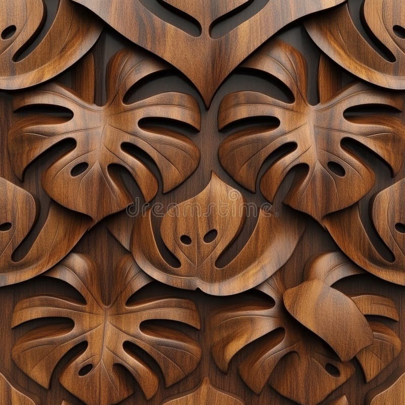 Complex Wood Carving Featuring Tropical Leaves and Fruits Stock Photo ...