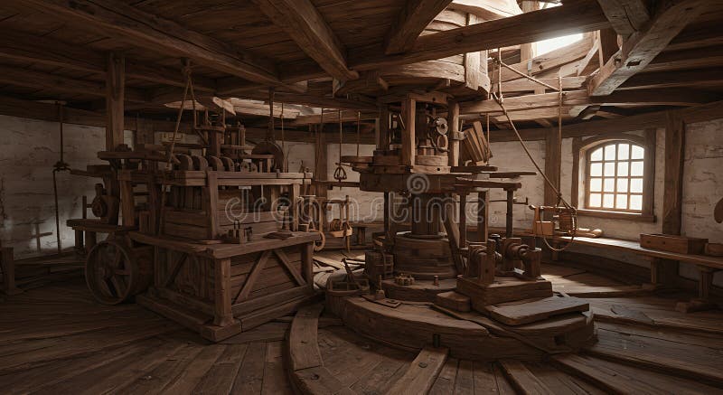 Complex Wooden Machinery Inside Old Mill Structure Stock Illustration ...