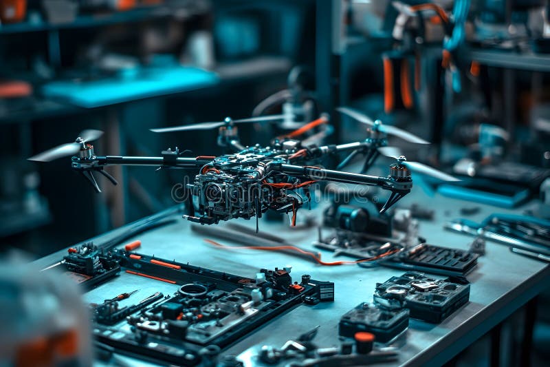 Complex Workshop Scene with Detailed Drone Assembly on Workbench Stock ...