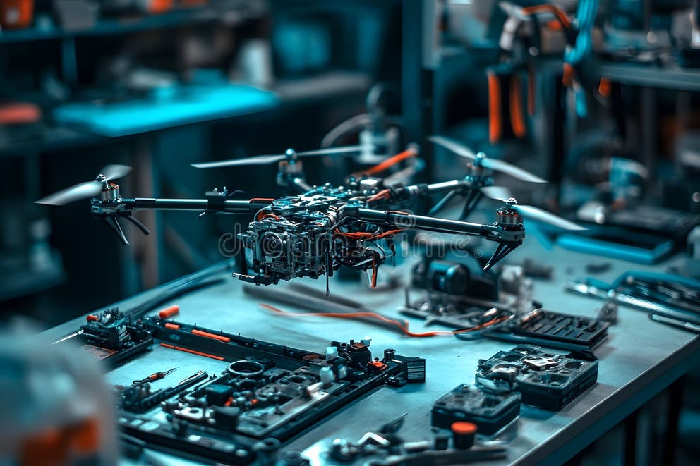 Complex Workshop Scene with Detailed Drone Assembly on Workbench Stock ...