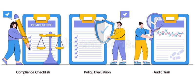 Compliance Checklist, Policy Evaluation, Audit Trail Concept with Character. Compliance ...