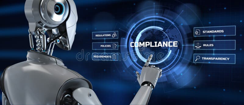 Compliance Concept. Robot Pressing Button on Screen 3d Render Stock ...