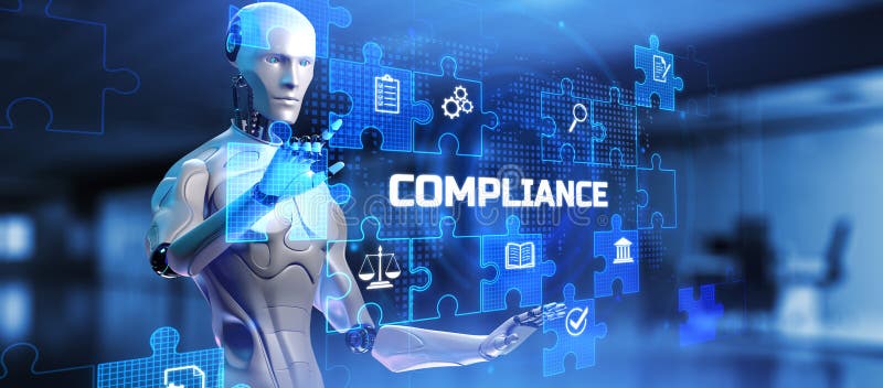 Compliance Concept. Robot Pressing Button on Screen 3d Render Stock ...