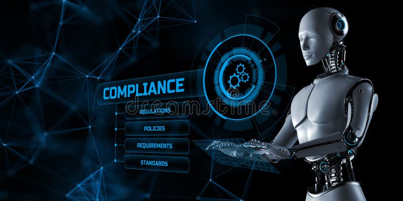 Compliance Concept. Robot Pressing Button on Screen 3d Render Stock ...