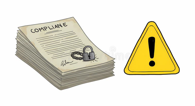 Compliance Documents: Stack of Papers, Broken Lock, and Warning Sign in ...