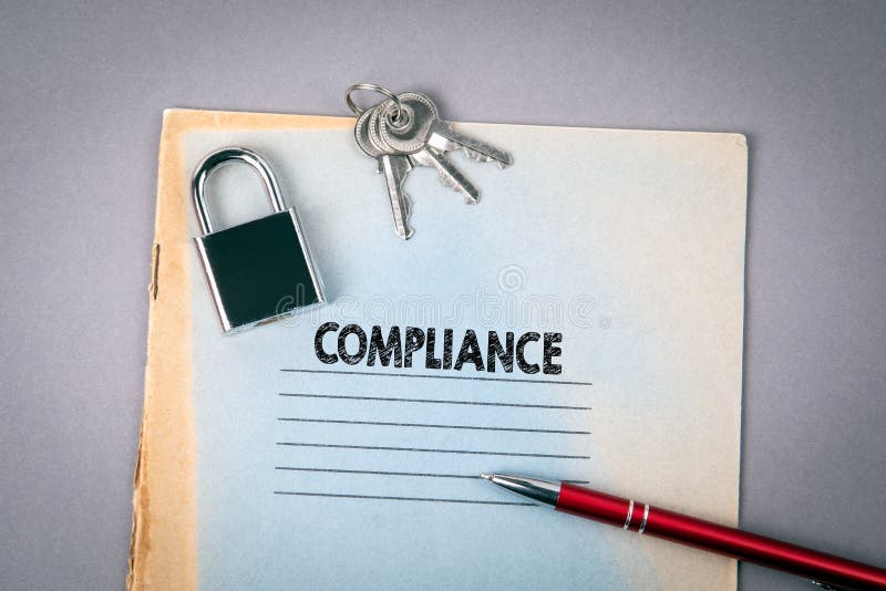 Compliance. Padlock, Notebook and Pen on Gray Desk Stock Photo - Image ...