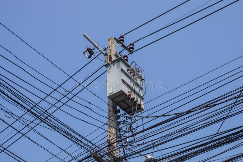 Complicate Electric Cable at Intersection on Post Stock Image - Image ...