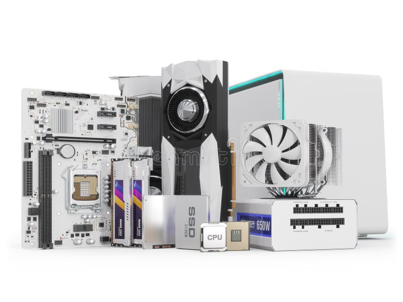 Componenti Di Hardware Del PC Su Legno Bianco Rappresentazione 3d ...