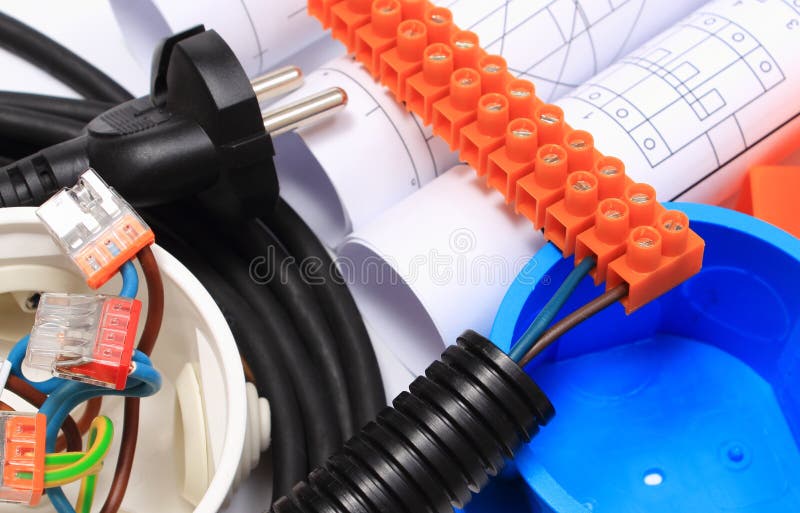 Components for Electrical Installations and Rolls of Diagrams Stock ...