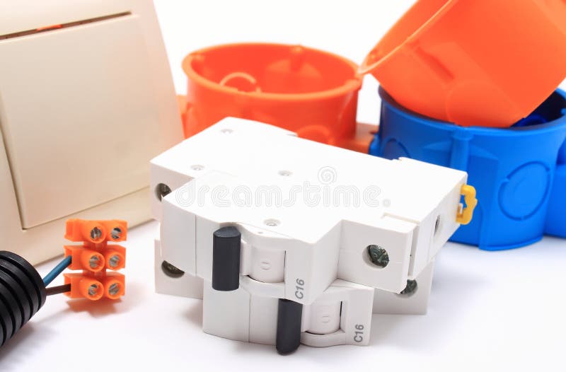 Components for Electrical Installations on White Stock Image - Image of ...