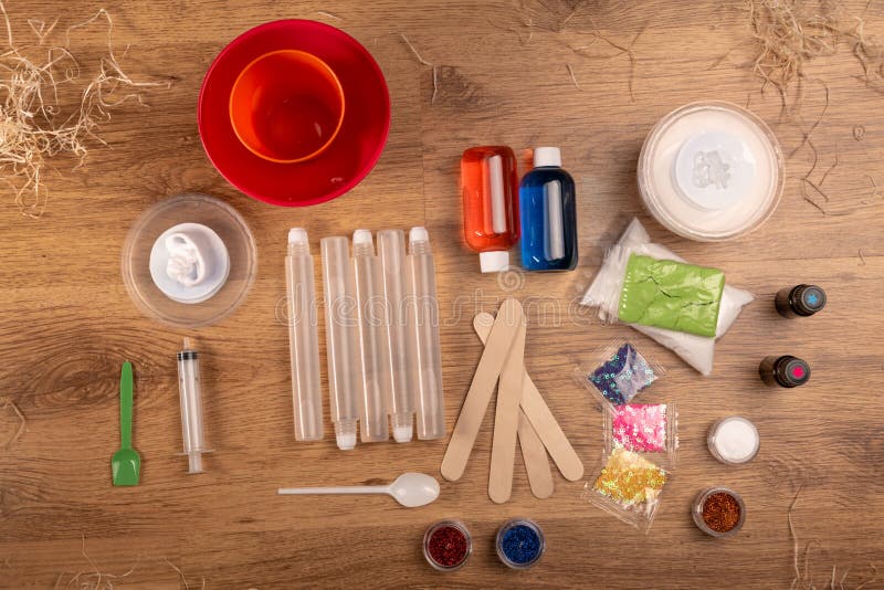 Components, Tools To Make Slime Stock Photo - Image of wooden, child ...