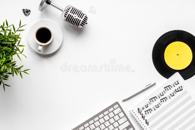 Composer Table with Music Sheets and Microphone, Top View Stock Image ...