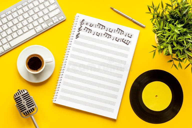 Composer Table with Music Sheets and Microphone, Top View Stock Image ...