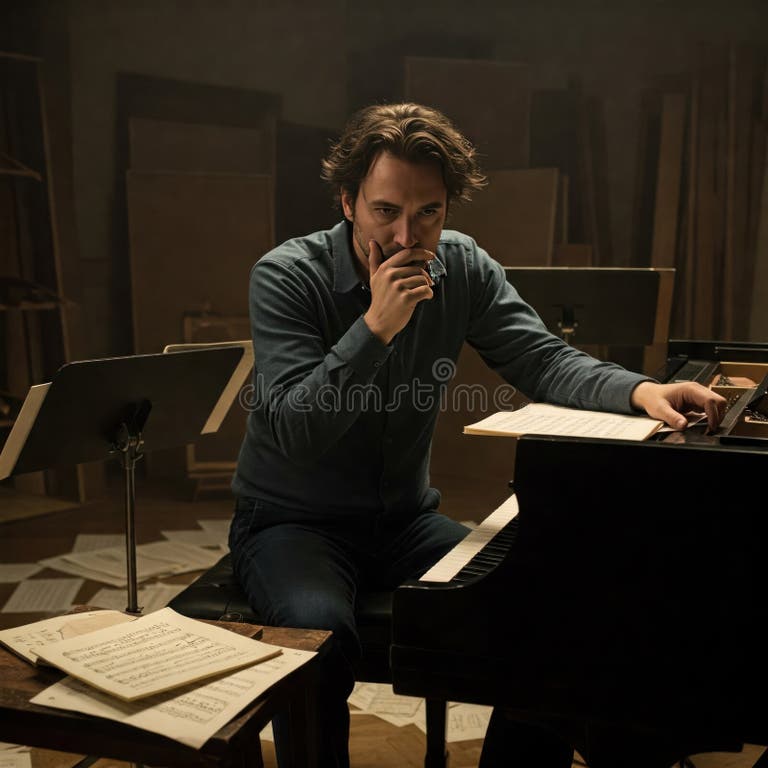 The Composer is Thinking at the Piano among the Notes. Stock Photo ...